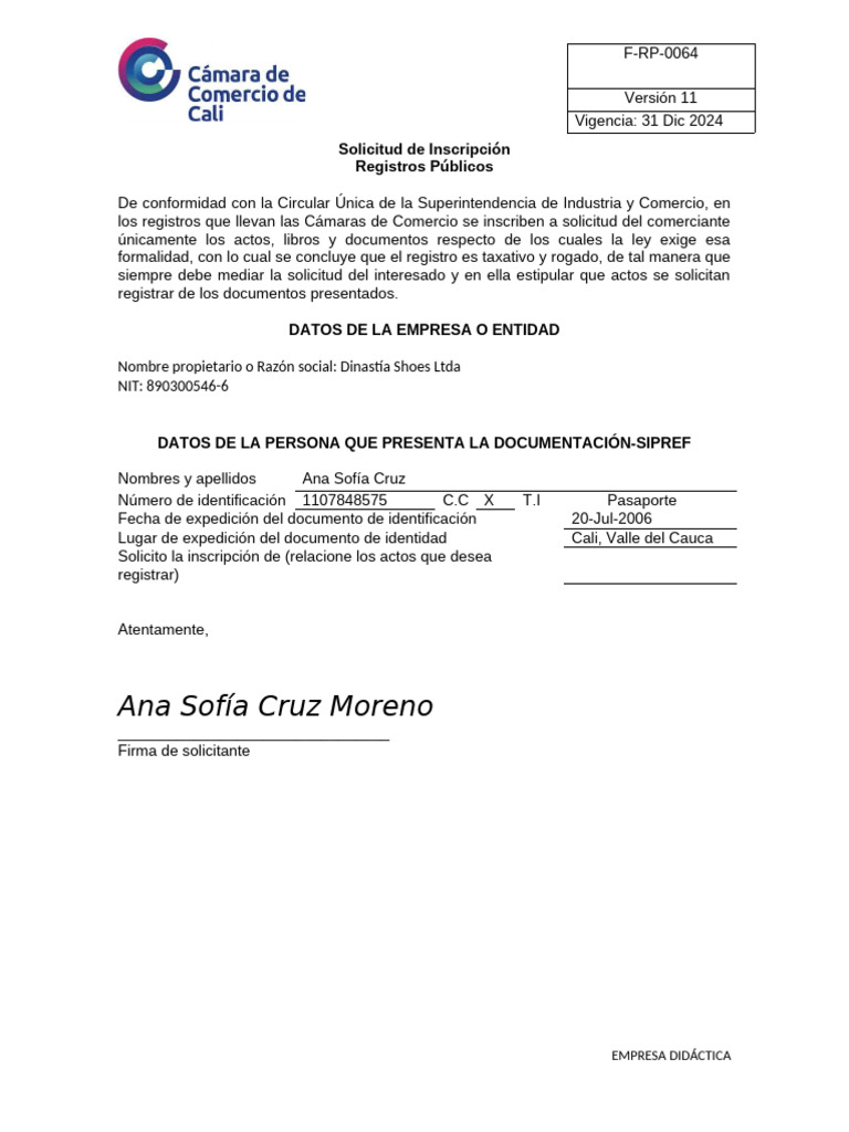 Solicitud de Inscripción Cámara de Comercio | PDF