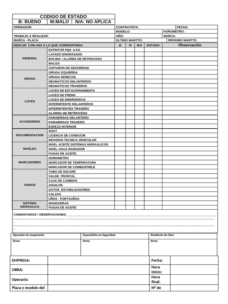 Check List Maquinaria | PDF | Tecnología de vehículos | Carros deportivos