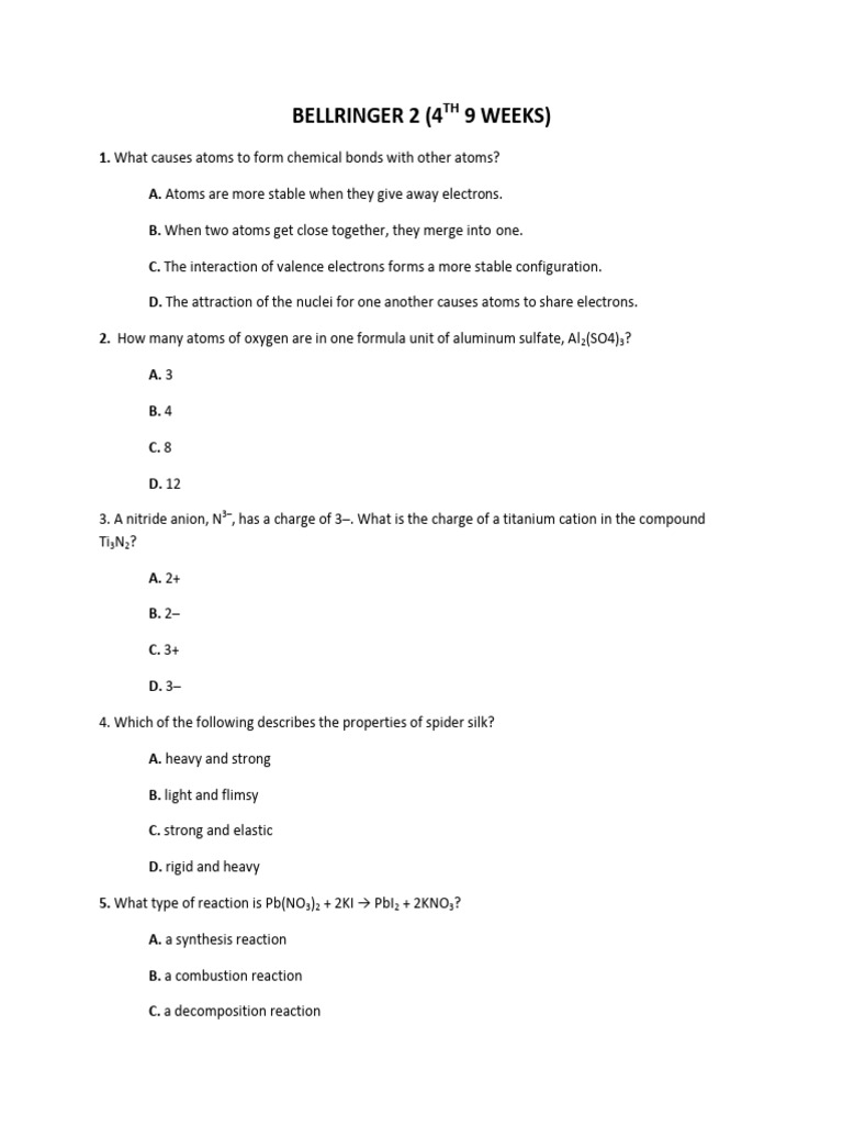 Bellringer 2 4TH 9 Weeks | PDF | Chemical Reactions | Chemical Equilibrium