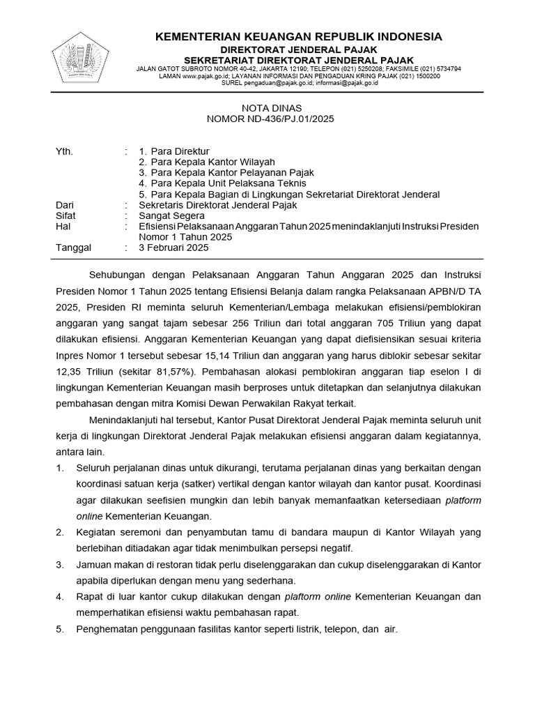 Efisiensi Pelaksanaan Anggaran Tahun 2025 Menindaklanjuti Instruksi