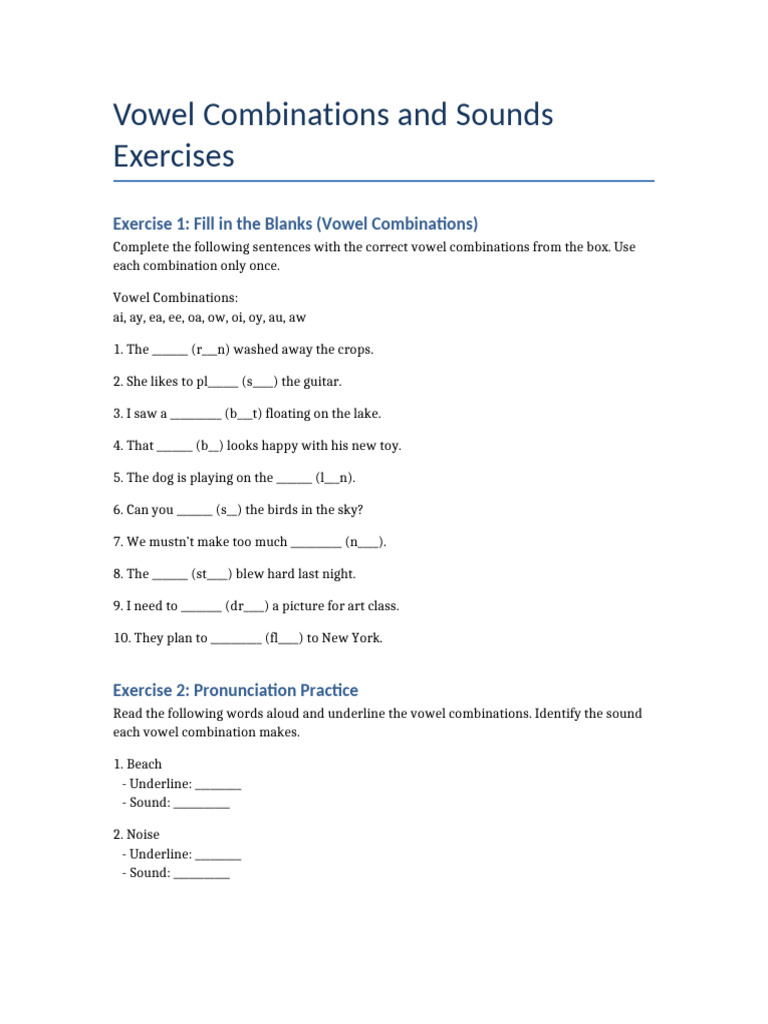 Vowel Combinations Exercises | PDF | Phonetics | Linguistics