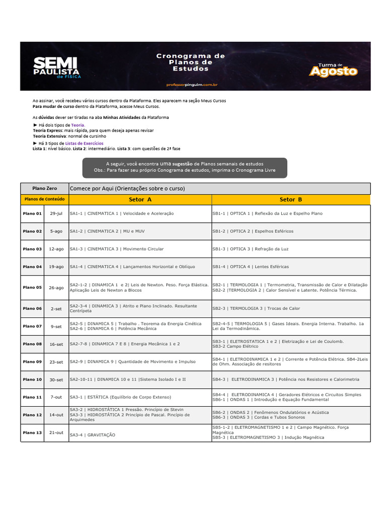 Cronograma Datas Turma Agosto - Semi 2024 | PDF | Eletromagnetismo ...
