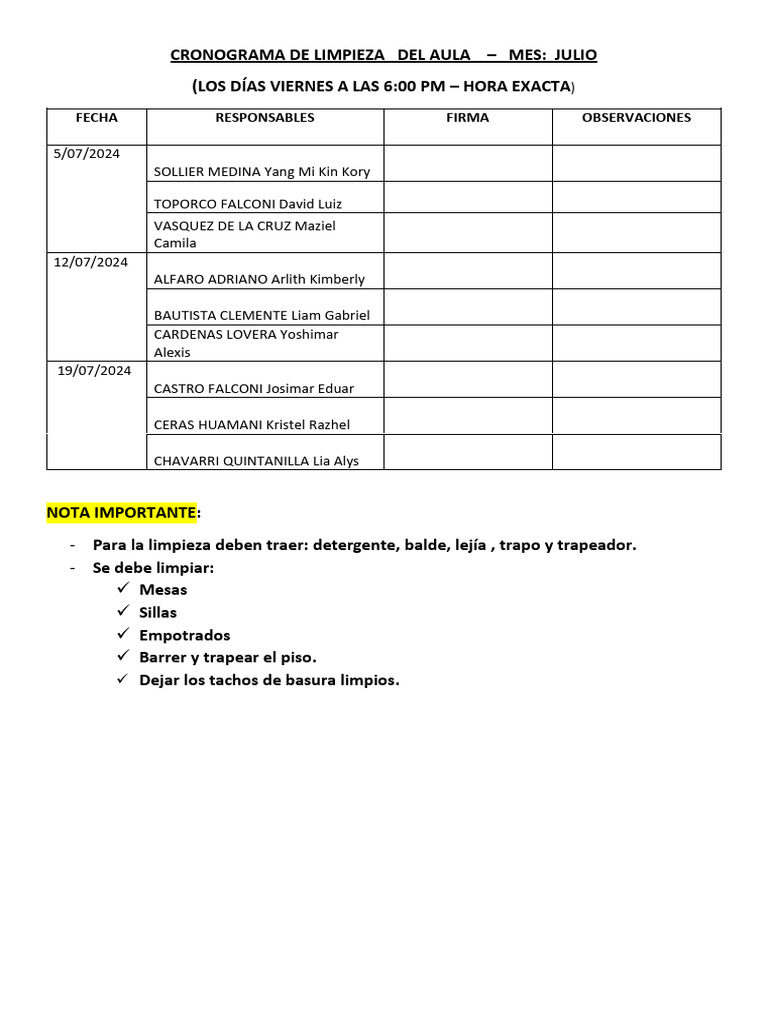 Cronograma de Limpieza - Julio | PDF