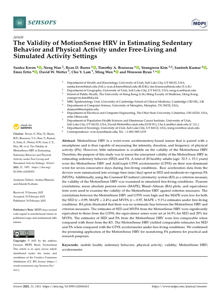 The Validity of MotionSense HRV | PDF | Accelerometer | Statistics