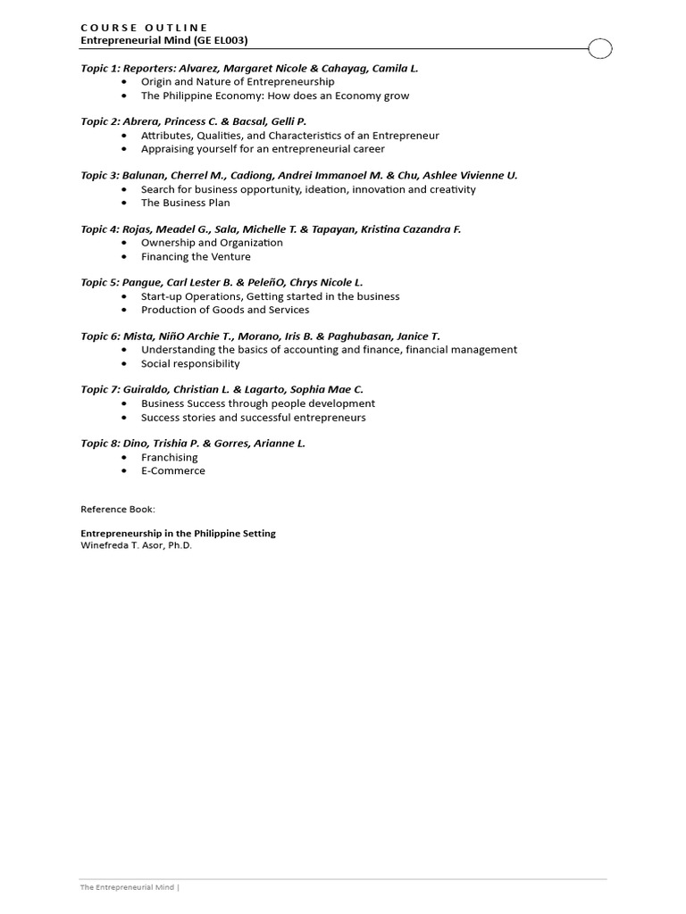 COURSE OUTLINE Entrep Mind | PDF