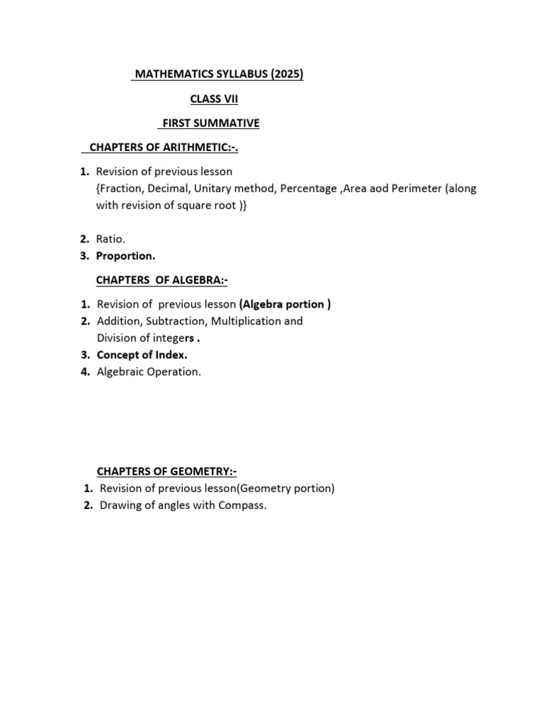 Mathematics Syllabus of Class VII (2025) | PDF
