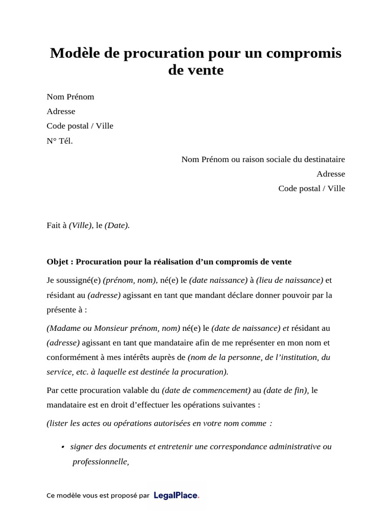 Modèle de procuration pour compromis de vente | PDF