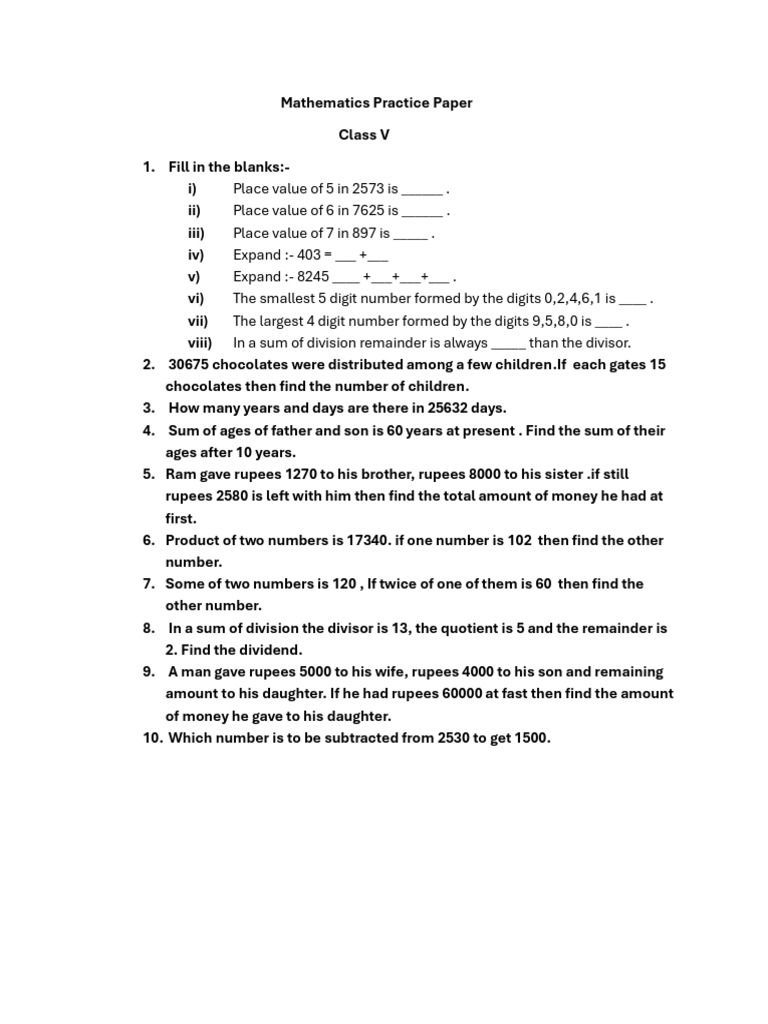 Class V Math Practice Paper | PDF