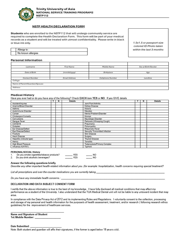 NSTP Health Declaration Form Guide | PDF | Informed Consent | Medical Specialties
