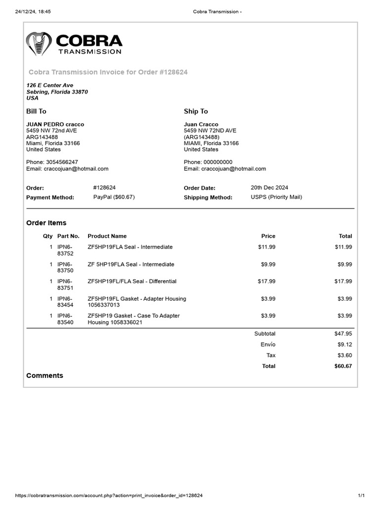Cobra Transmission Invoice #128624 | PDF | Service Industries | Freight ...