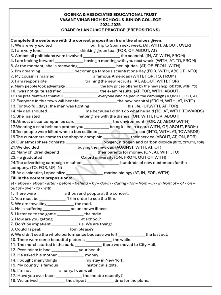 Class 9 Preposition Practice Exercises | PDF