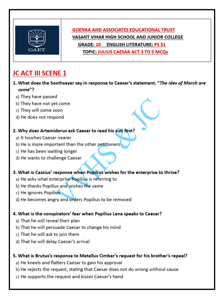 Grade 10 Ps 31 Literature Julius Caesar Mcqs | PDF | Mark Antony | Julius Caesar