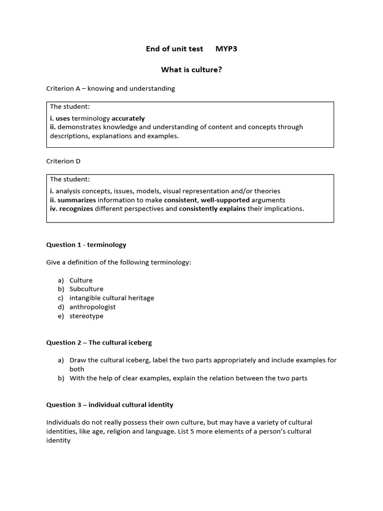 Understanding Culture: MYP3 Test Guide | PDF