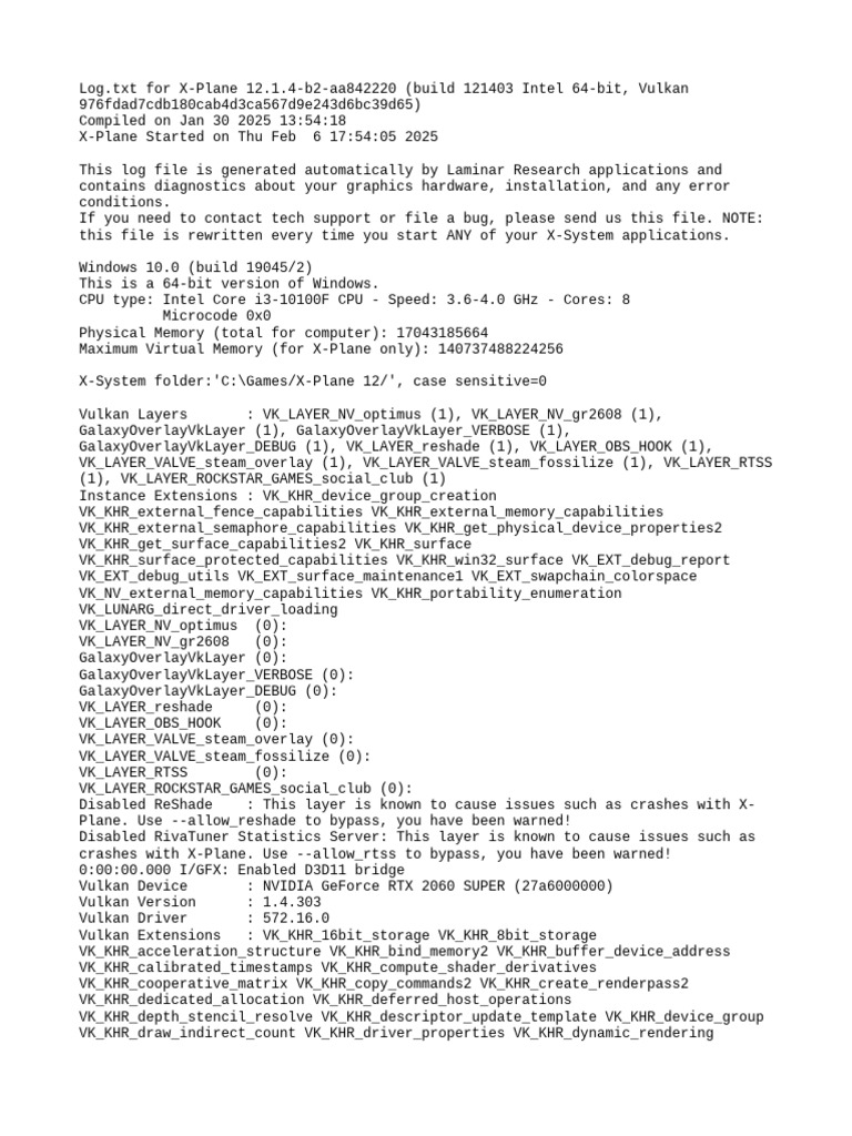 X-Plane 12 - Debug Log (2/6/25) | PDF | Computer File | 64 Bit Computing