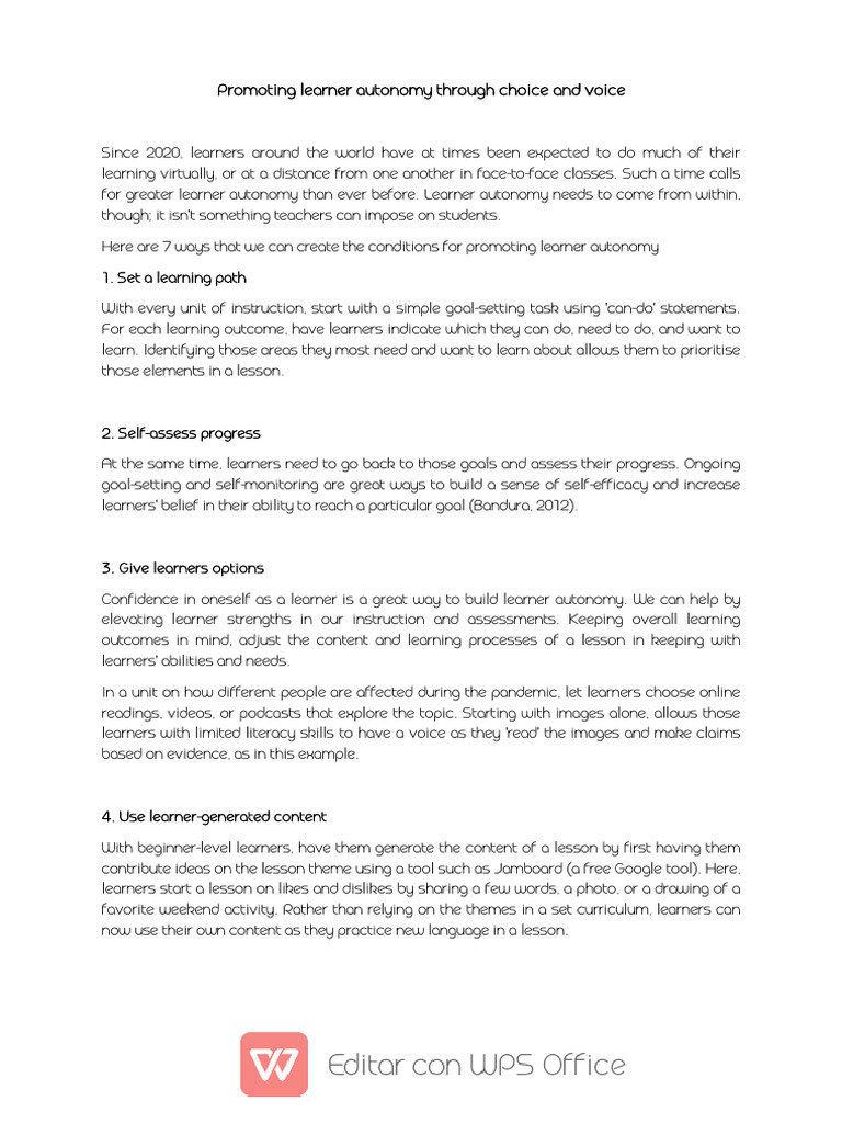 Promoting Learner Autonomy Through Choice and Voice | PDF | Learning ...