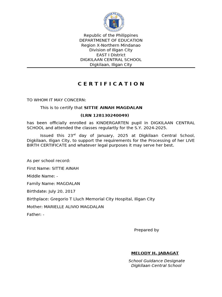 Kindergarten Enrollment Certification | PDF