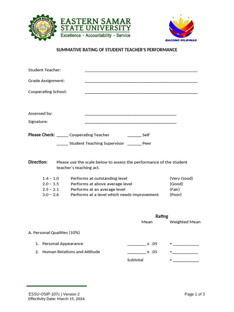 2025 Summative Rating of Student Teachers Performance | PDF | Teachers ...