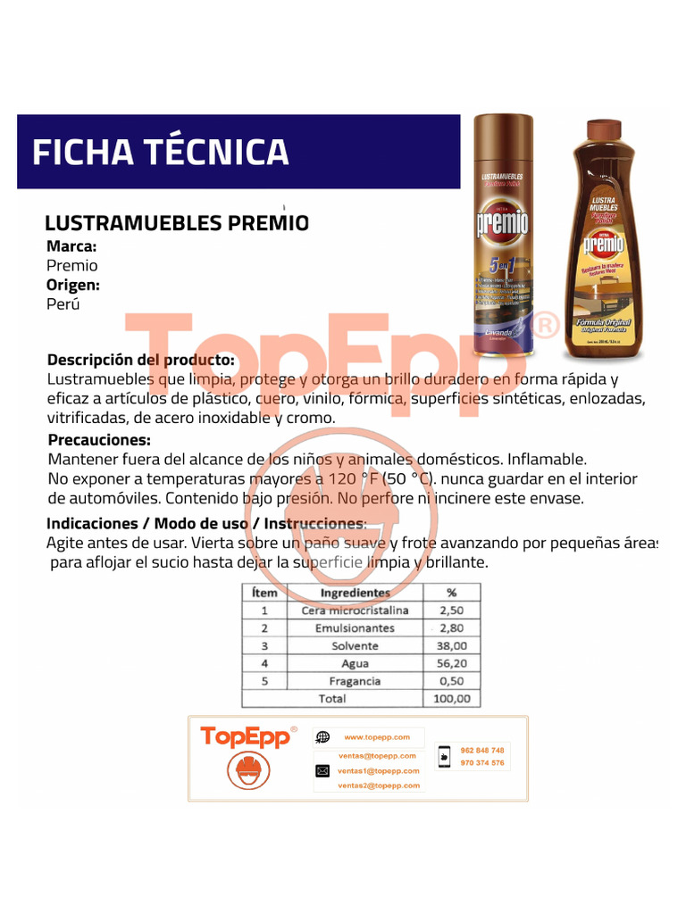 FICHA TECNICA Lustra-muebles-Premio-TopEpp-S.A.C | PDF