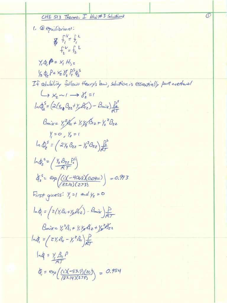 CHE 513 Thermo I HW#3 Fall 2019 SOLUTIONS | PDF
