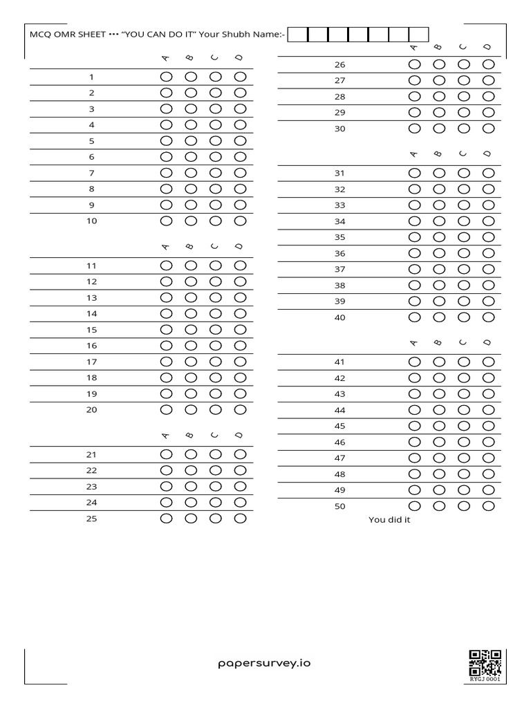 50 Question MCQ OMR Answer Sheet | PDF | Optical Character Recognition ...
