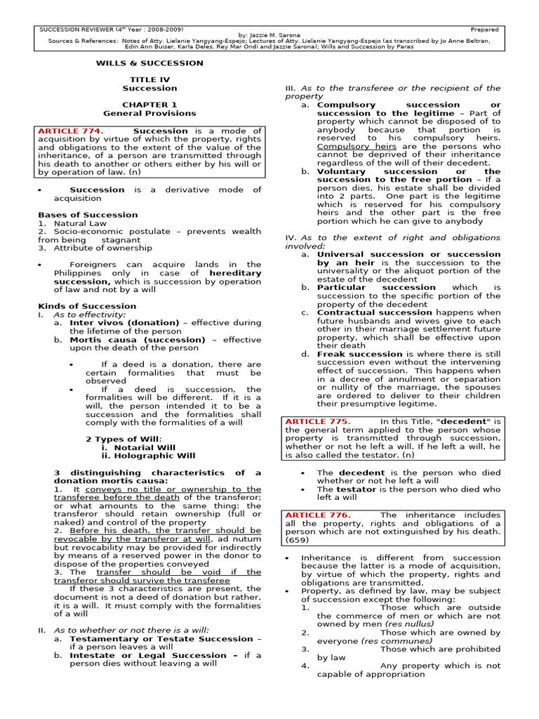 Succession Reviewer Provisions | PDF | Will And Testament | Inheritance