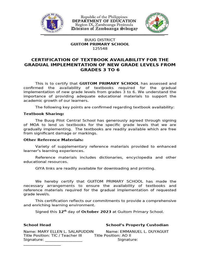 Certification of Textbook Availability For The Gradual Implementation ...