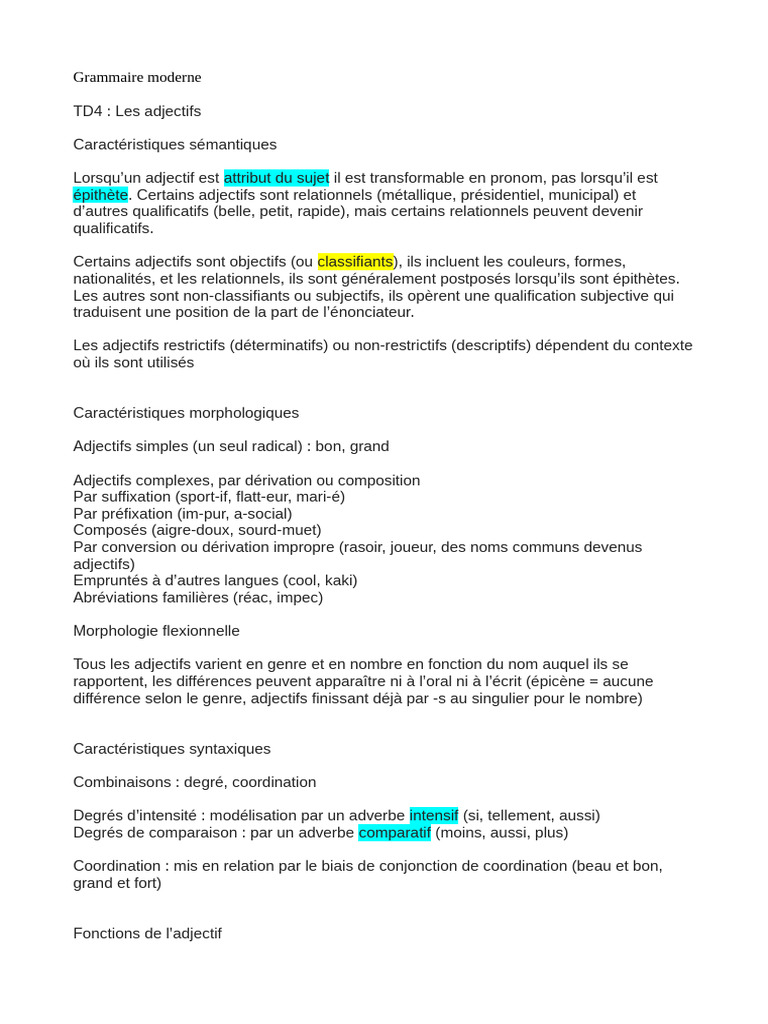 Cours sur les adjectifs en grammaire | PDF | Adjectif | Genre grammatical