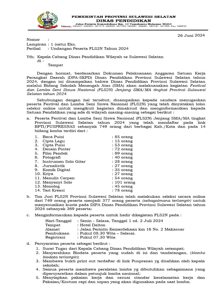 Undangan FLS2N SMA Sulawesi Selatan 2024 | PDF