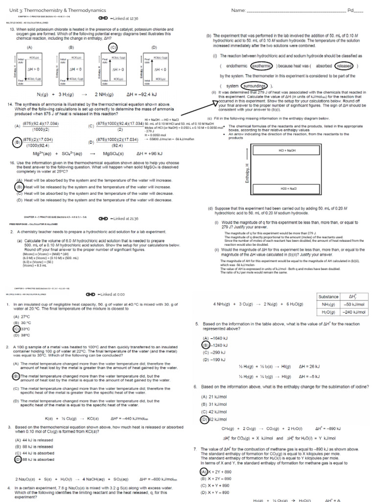 03 Unit 3 Thermo Practice Quiz MF CH 4-6,19-1 | PDF | Mole (Unit ...