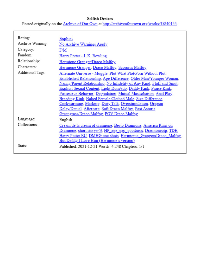 Selfish Desires | PDF | Human Sexuality | Harry Potter