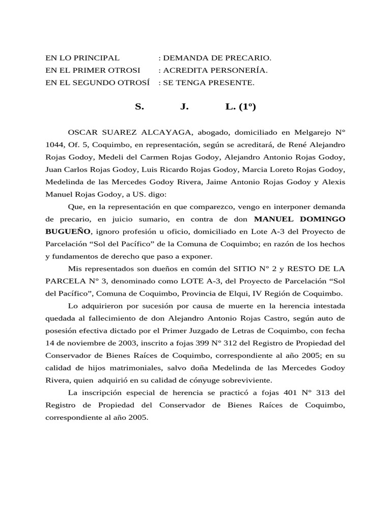Demanda de Precario en Coquimbo | PDF | Ley común | Derecho Civil ...