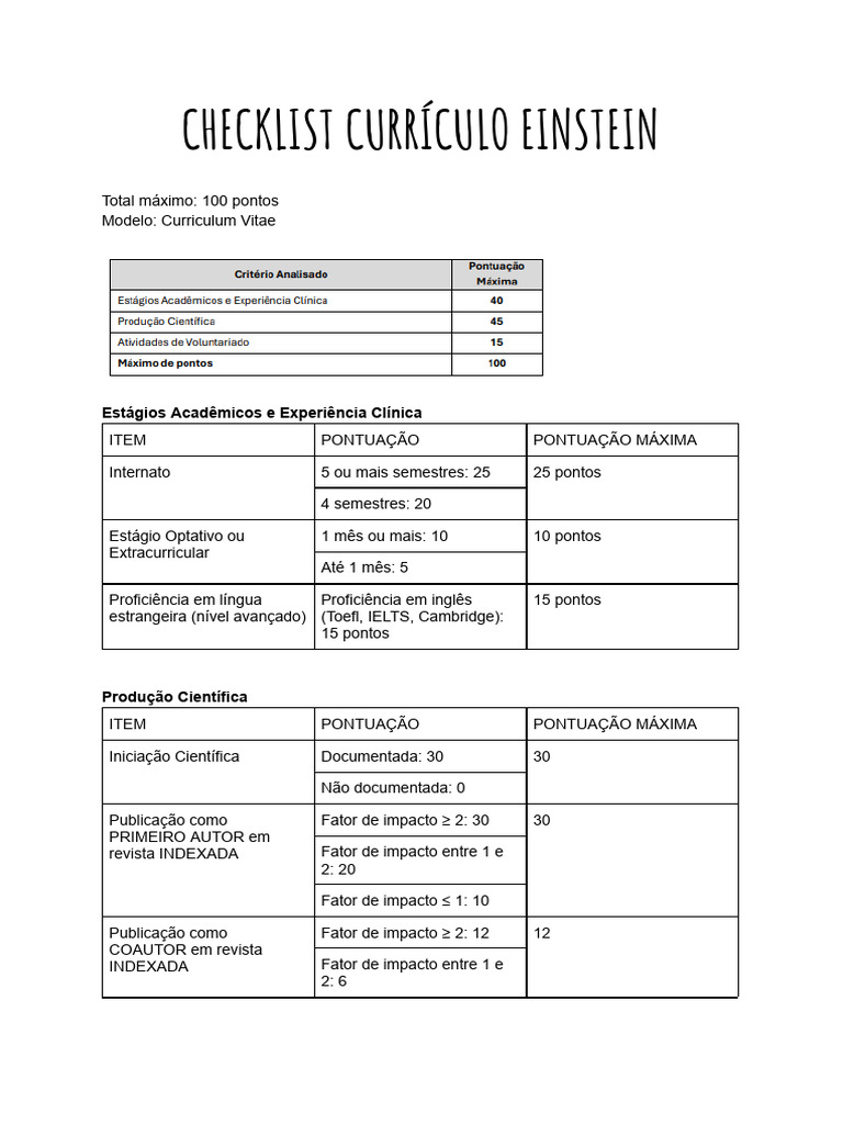Checklist Currículo Einstein | PDF