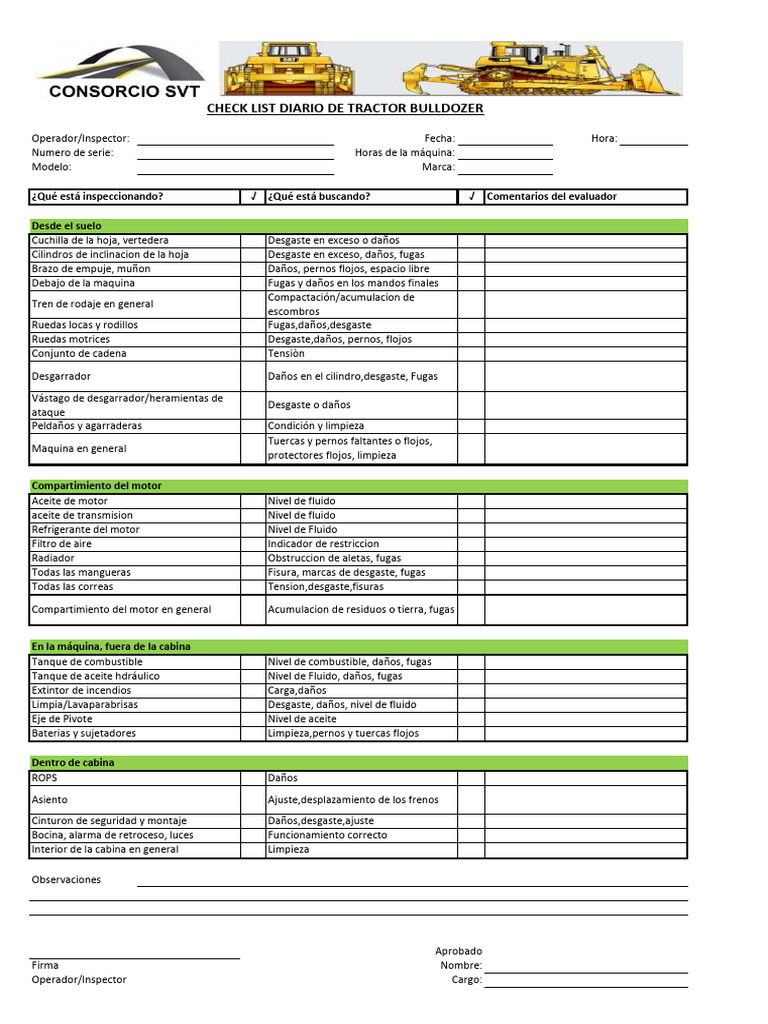 Checklist Diario de Bulldozer | PDF | Vehículo de motor | Vehículos ...