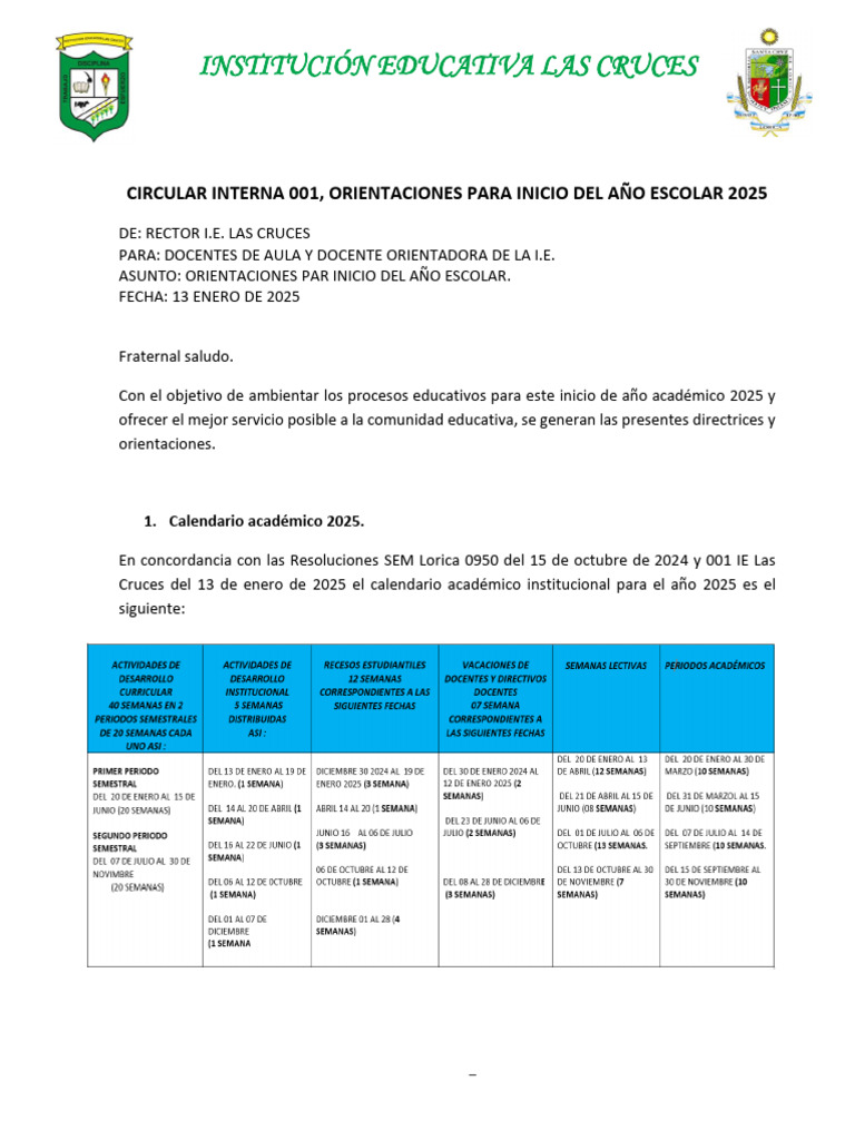 Circular Interna 001 de 2025 Orientaciones Generales | PDF | Evaluación ...
