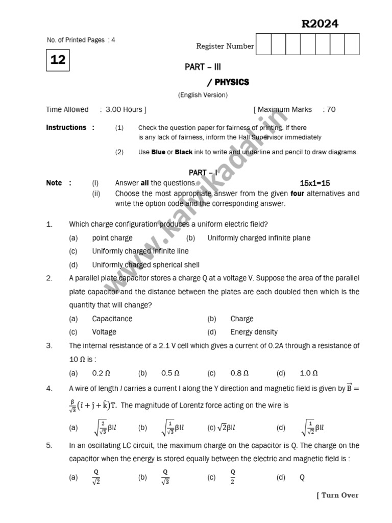 12th Physics First Revision Test QP EM TVM DT 2024 | PDF | Transformer ...