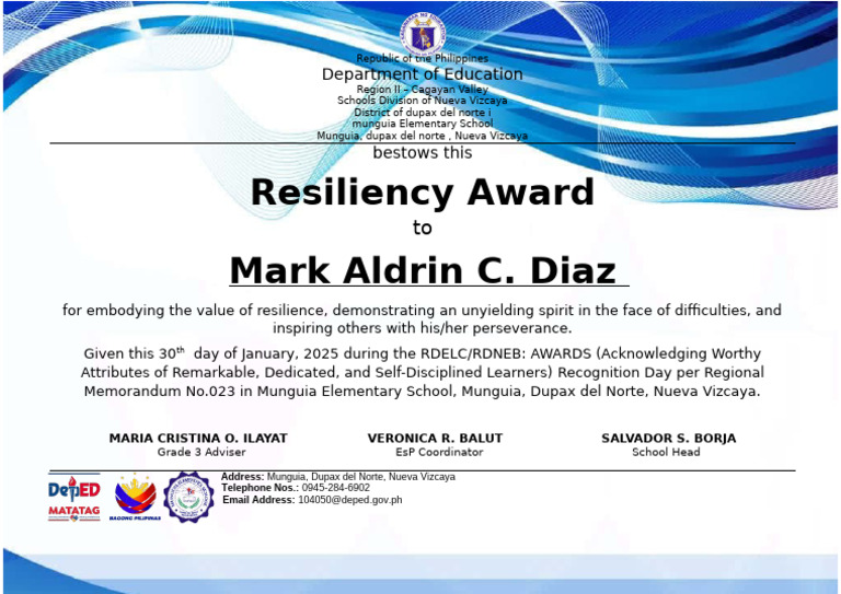 Resiliency Award for Mark Aldrin C. Diaz | PDF