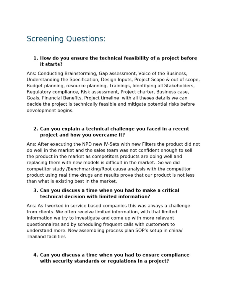 Screening Questions - Project Manager | PDF | Regulatory Compliance ...