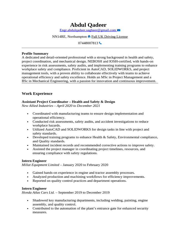 CV ABDUL QADEER H&S Management | PDF | Occupational Safety And Health | Safety