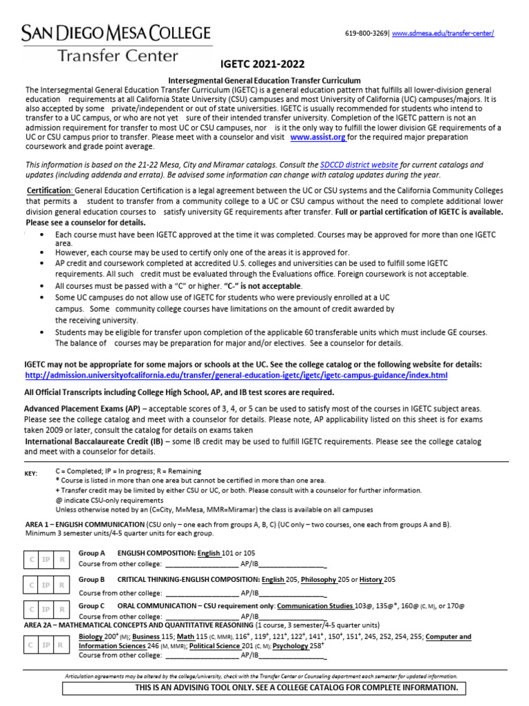 MESA IGETC Sheet 2021-2022 | PDF | Advanced Placement | Educational Stages