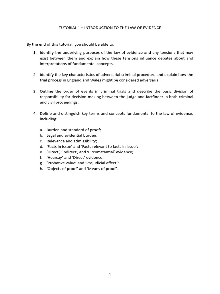 Tutorial 1 Law of Evidence Introduction To The Law of Evidence | PDF ...