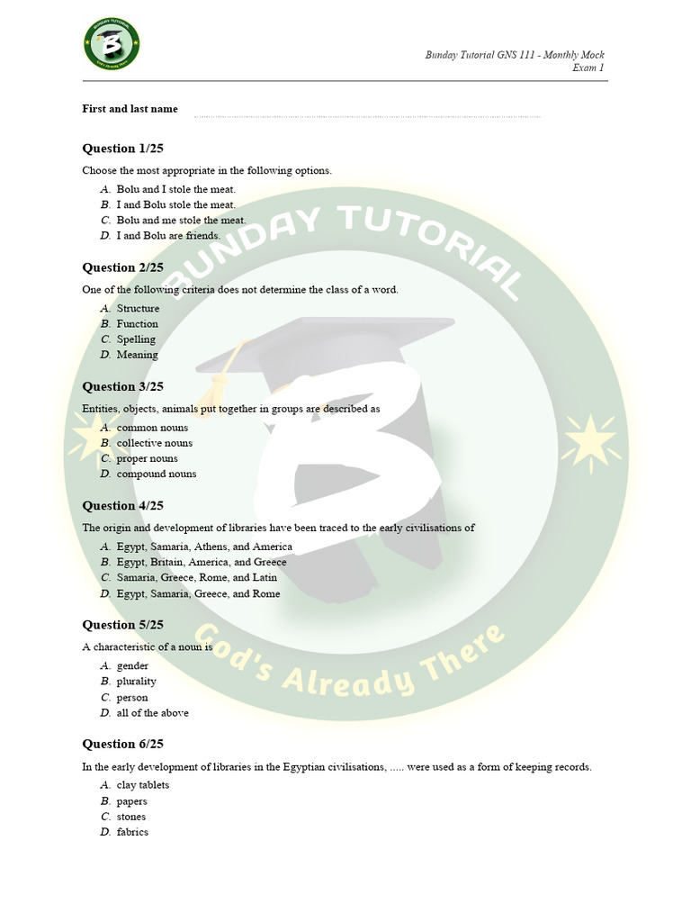 GNS 111 Monthly Mock Exam Guide | PDF | Pronoun | Part Of Speech