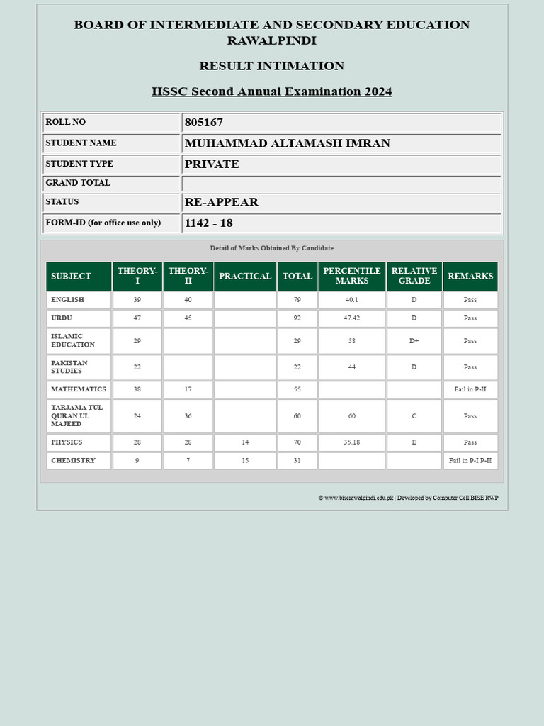 RESULT - Board of Intermediate & Secondary Education, Rawalpindi | PDF