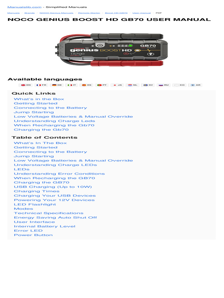 Noco Genius Boost HD Gb70 User Manual: Available Languages | PDF ...
