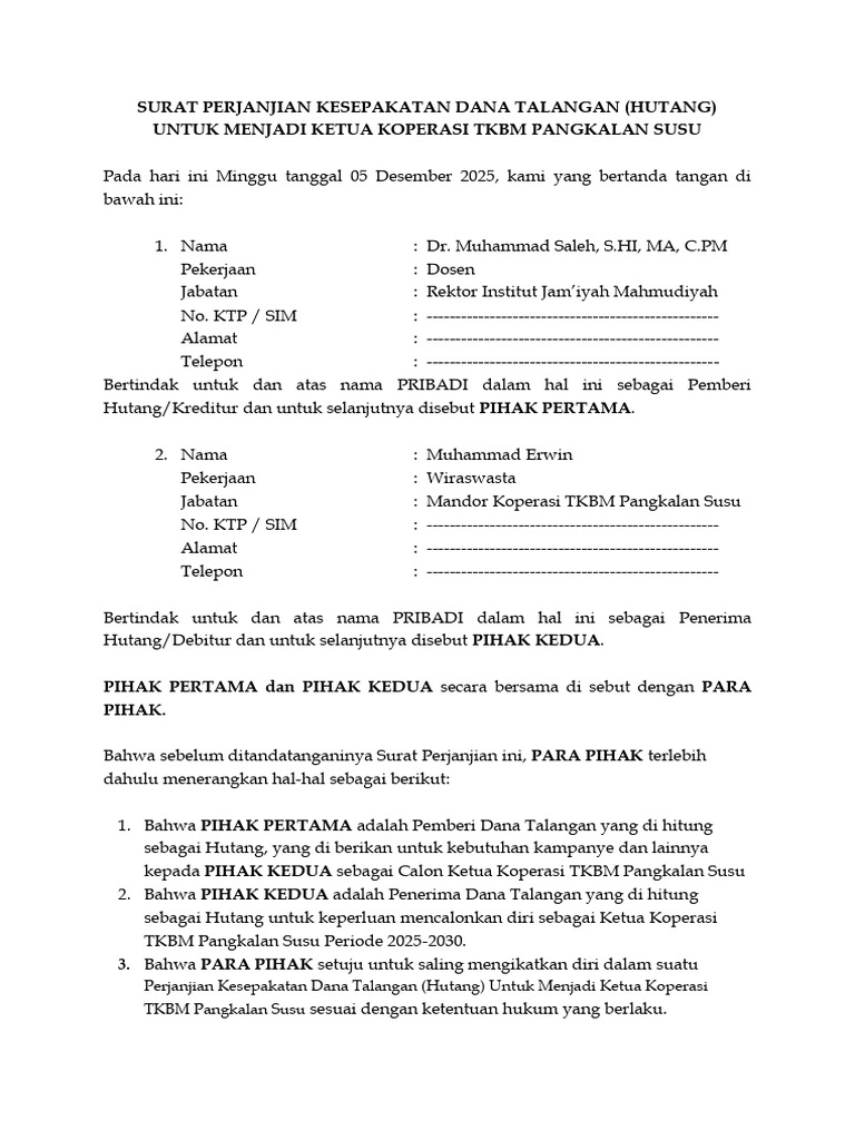 Perjanjian Dana Talangan Ketua Koperasi | PDF