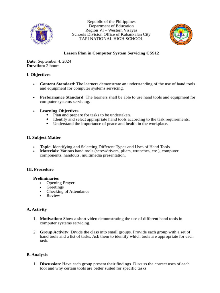 1ST QUARTER CSS12 Semi-Detailed Lesson Plan | PDF | Electrical Wiring | Tools