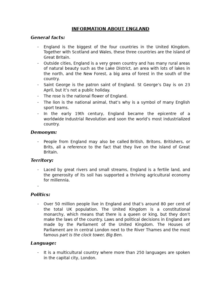 Overview of England's Culture and Facts | PDF | England | United Kingdom