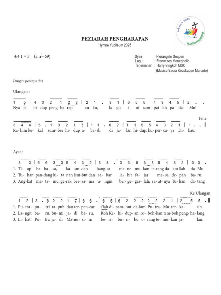 Himne Yubileum 2025 - Indonesia - Notasi Angka (Resmi) | PDF