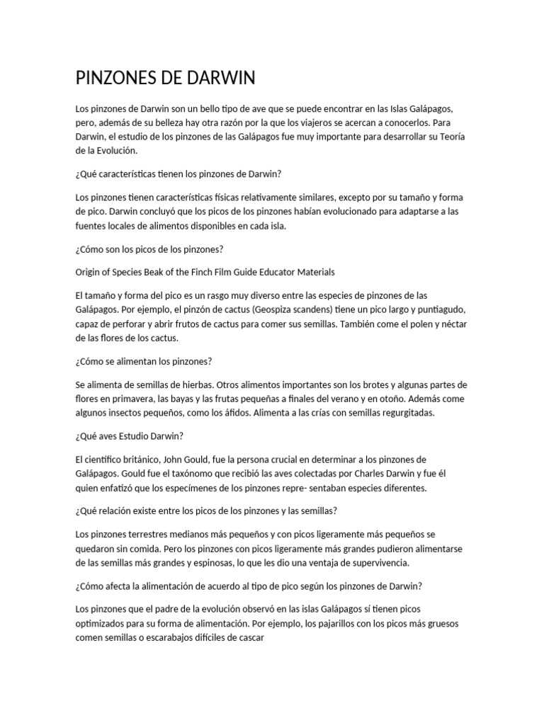 Características y evolución de pinzones de Darwin | PDF