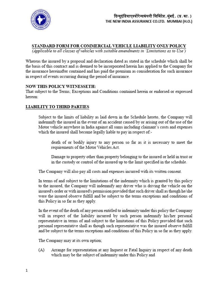 Commercial Vehicle Liability Insurance Policy | PDF | Indemnity ...