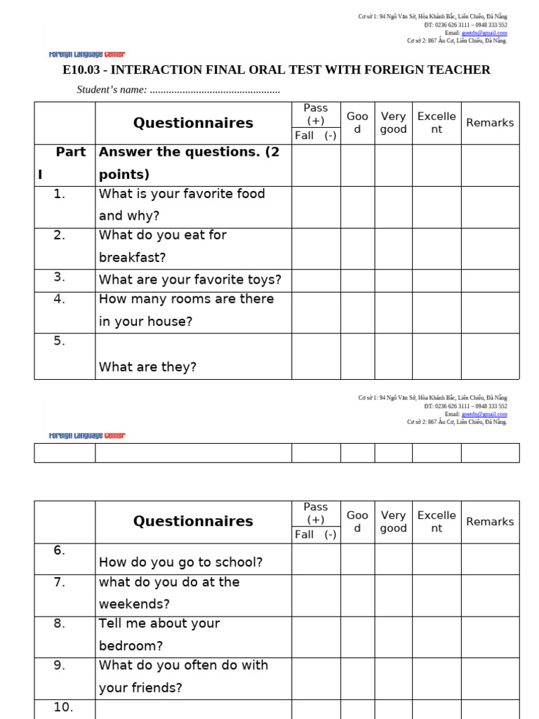 Interaction Oral Test for Students | PDF